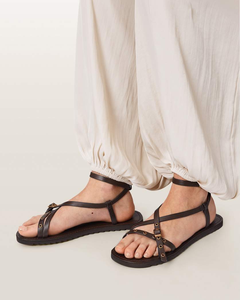 Tyla Eyelet Leather Buckle Sandals Dark Brown | ALLSAINTS